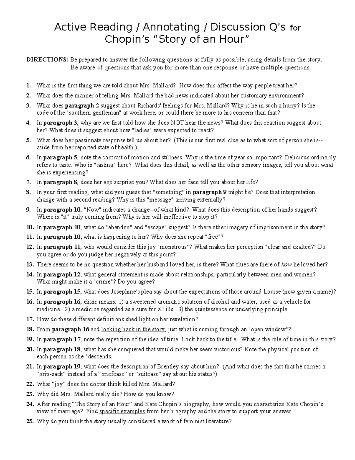 "ENG 101: Story of an Hour Guided Reading & Discussion Questions" - Studocu