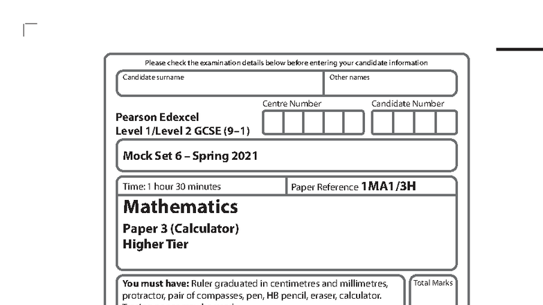 Edexcel Level 2 GCSE Maths Mock Exam Paper 3 (Calculator) - Spring 2021 ...