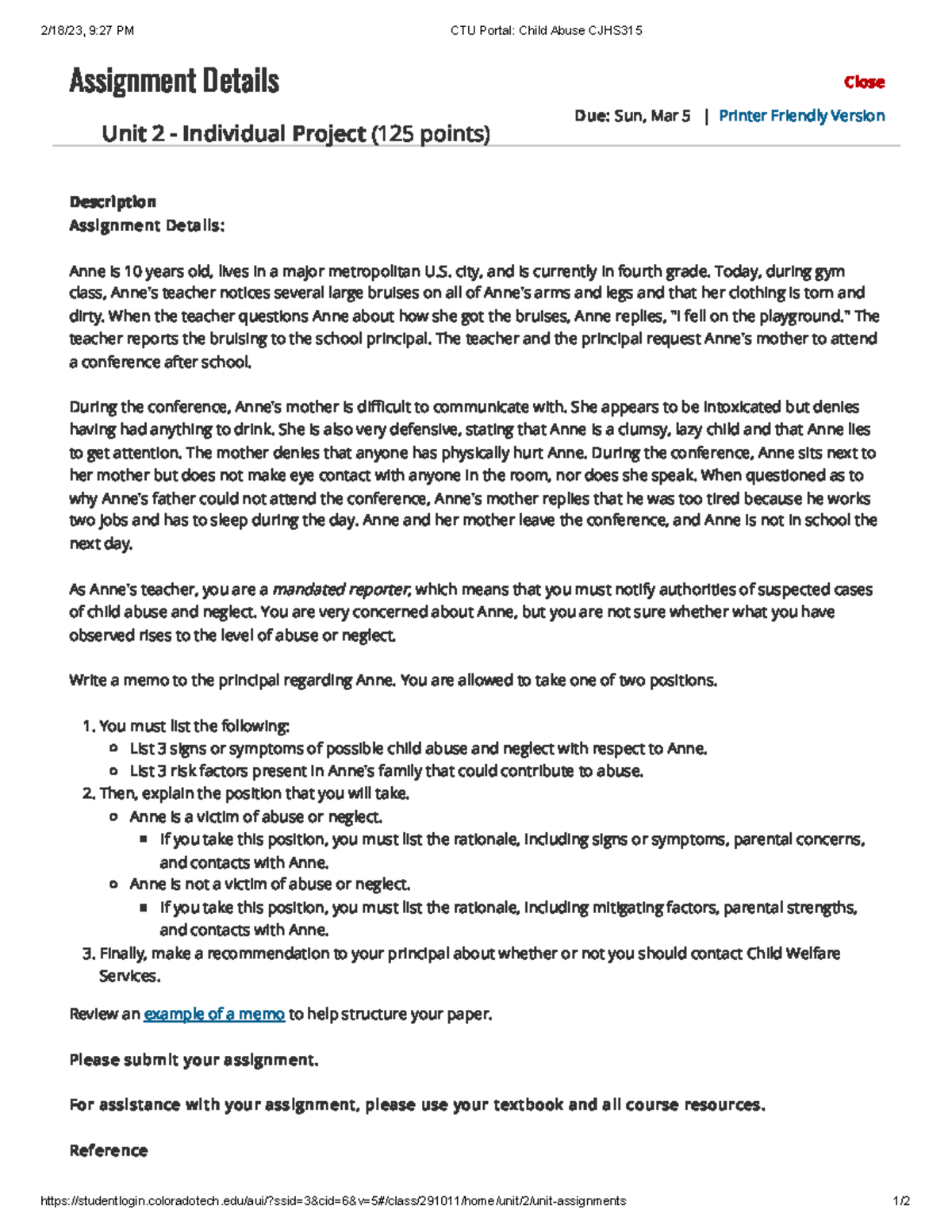 CJHS315 Unit 2 IP: Understanding Child Abuse in Metropolitan Settings ...