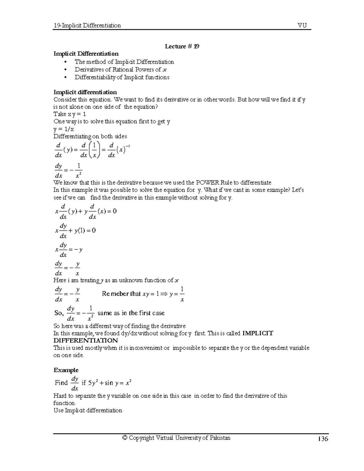 Differentiation Vu Lecture 19 Implicit Differentiation Notes Studocu