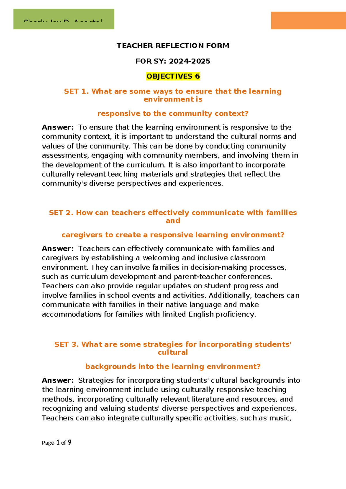 TRF NEW 2024-2025 - teacher - TEACHER REFLECTION FORM FOR SY: 2024- OBJECTIVES 6 SET 1. What are ...