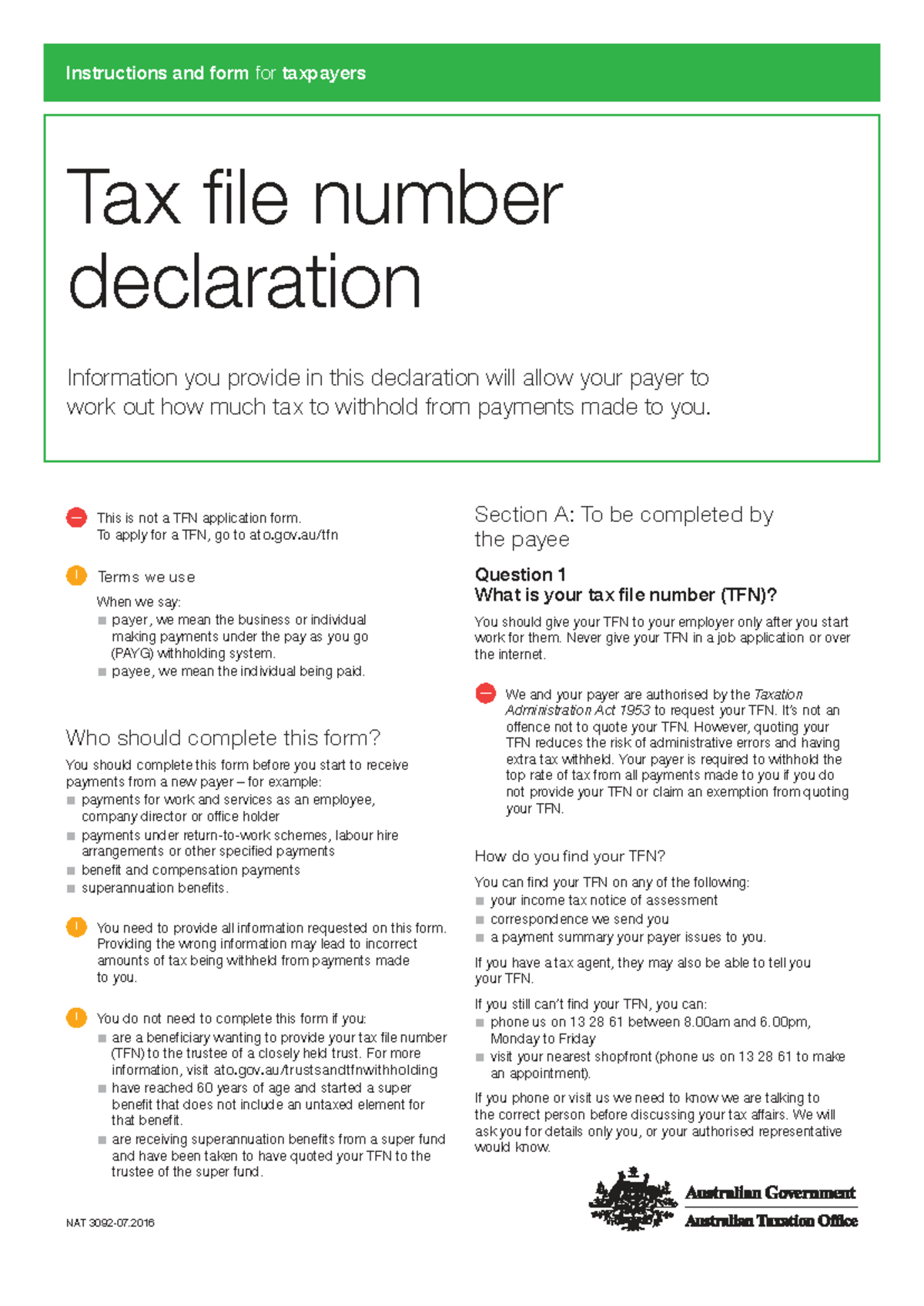 TFN Declaration Form Instructions and Guidelines - Studocu
