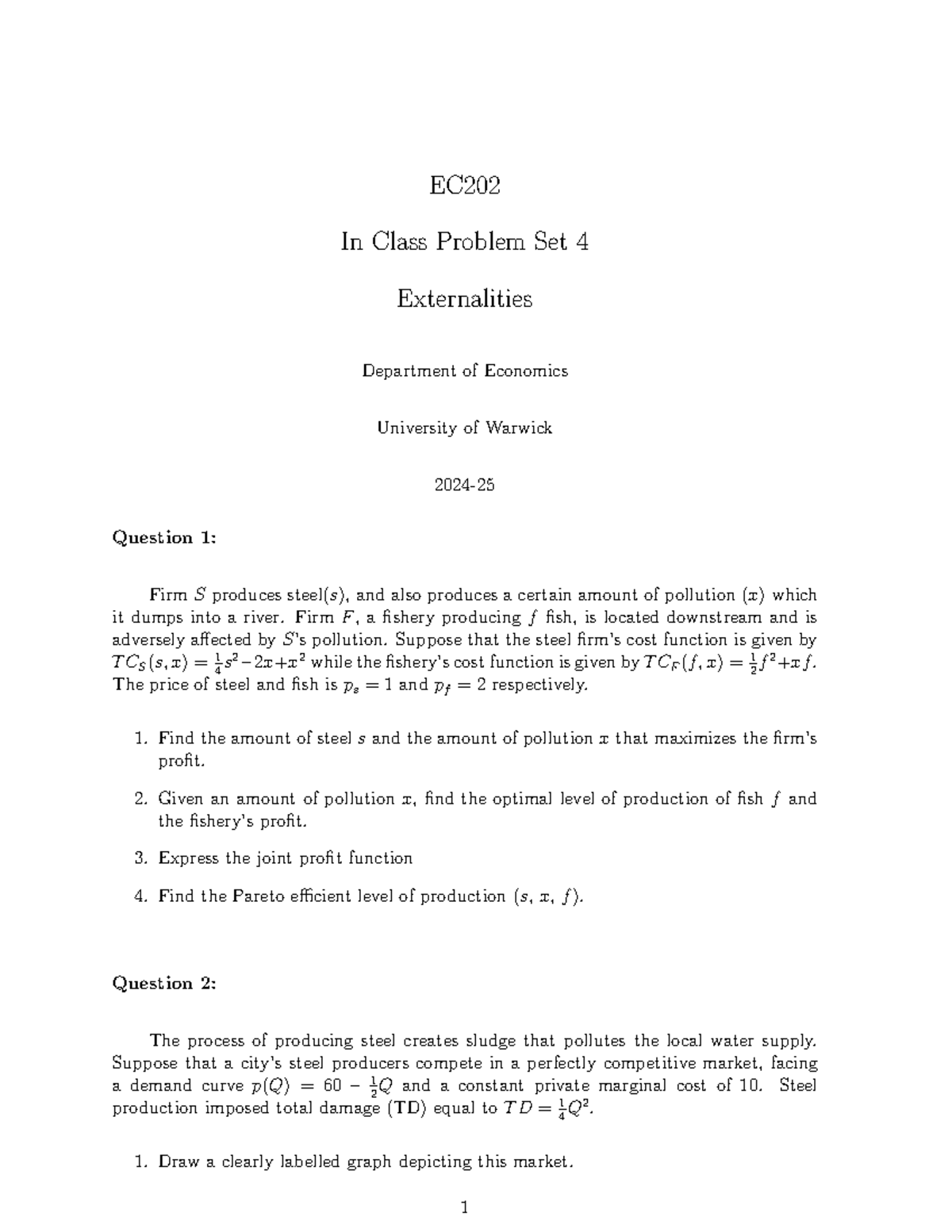 EC202 In-Class Problem Set 4: Externalities & Profit Maximization - Studocu
