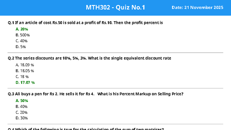 MTH302 Quiz No.1 - Key Concepts and Questions - Studocu