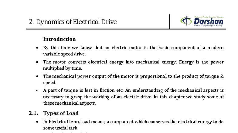 Dynamics of Electrical Drives: Introduction and Load Analysis (EE ...