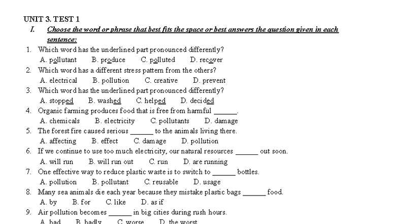 TEST UNIT 3 - Environmental Awareness and Pollution Reduction Quiz ...