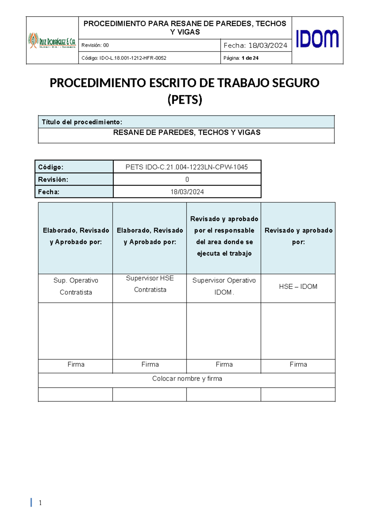 Procedimiento PETS de Resane de Paredes, Techos y Vigas - IDO-L.18.001 ...