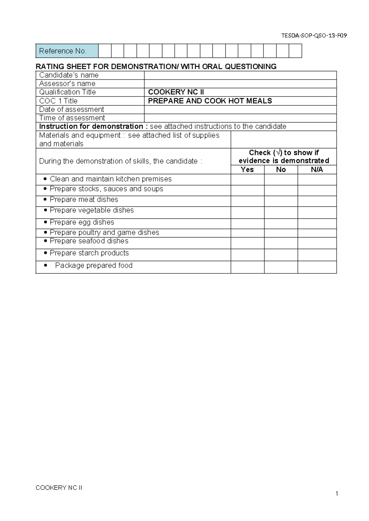 COOKERY NC II - RATING SHEET FOR PERFORMANCE TASK ASSESSMENT - Studocu