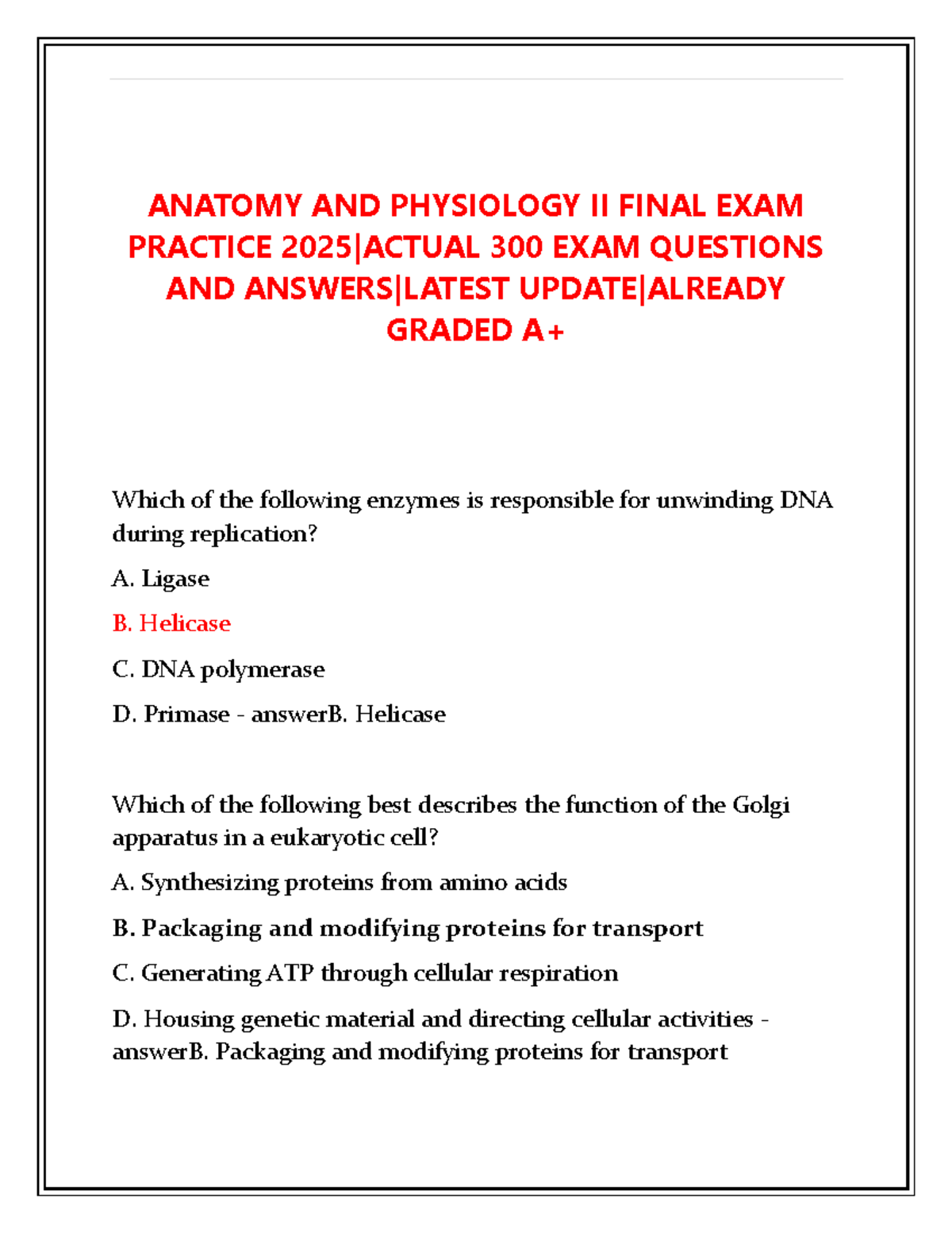 ANATOMY AND PHYSIOLOGY II FINAL EXAM PRACTICE: 300 Q&A Review - Studocu