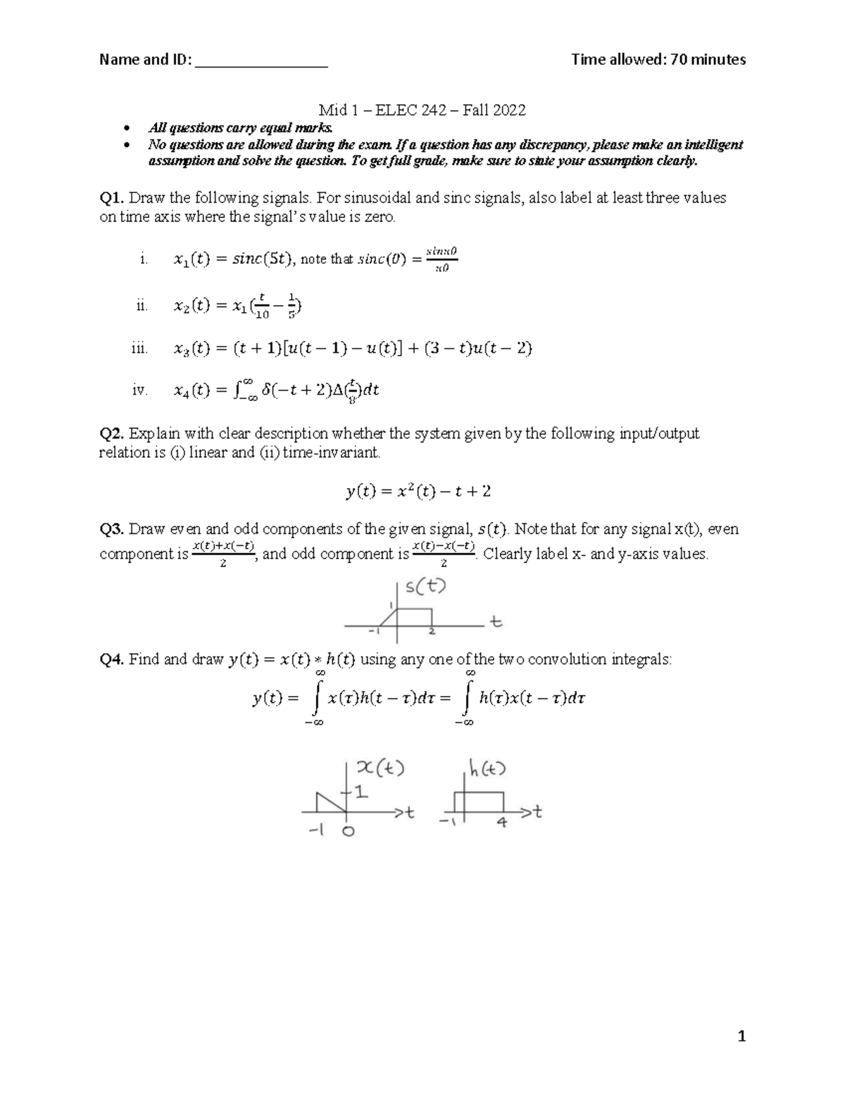 Fall 2022 Midterm Exam - ELEC 242 Signal Analysis Questions - Studocu