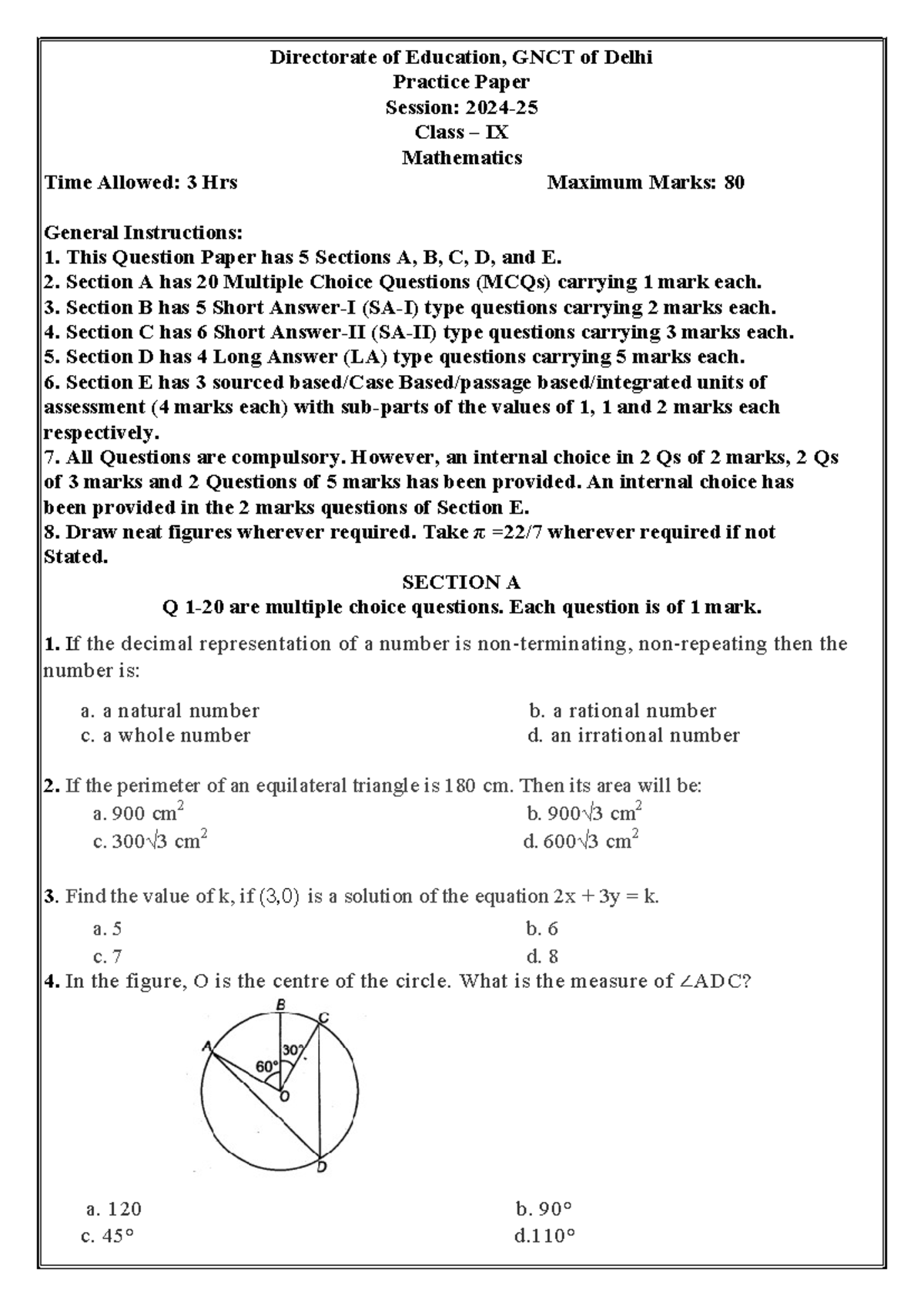 Class IX Mathematics Practice Paper (Session: 3 Hrs, Max Marks: 80 ...