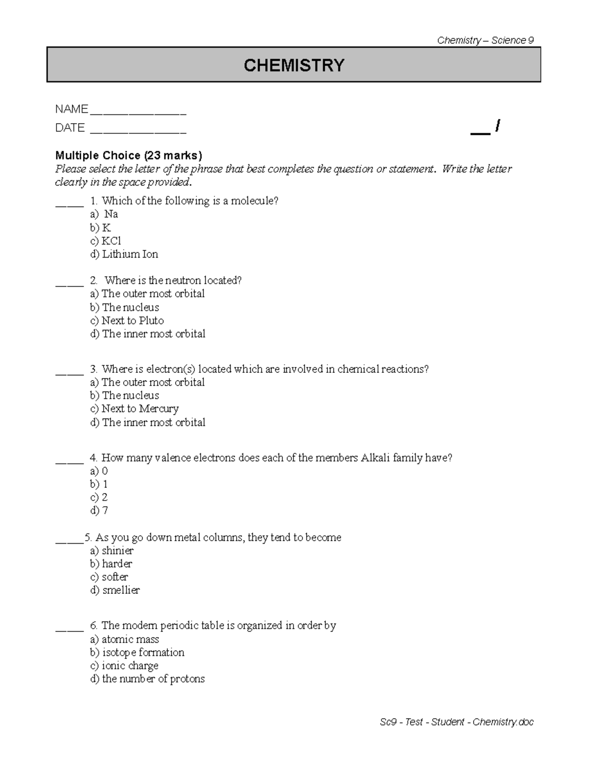 Chemistry Science 9 CHEM 9 Multiple Choice & Short Answer Test - Studocu
