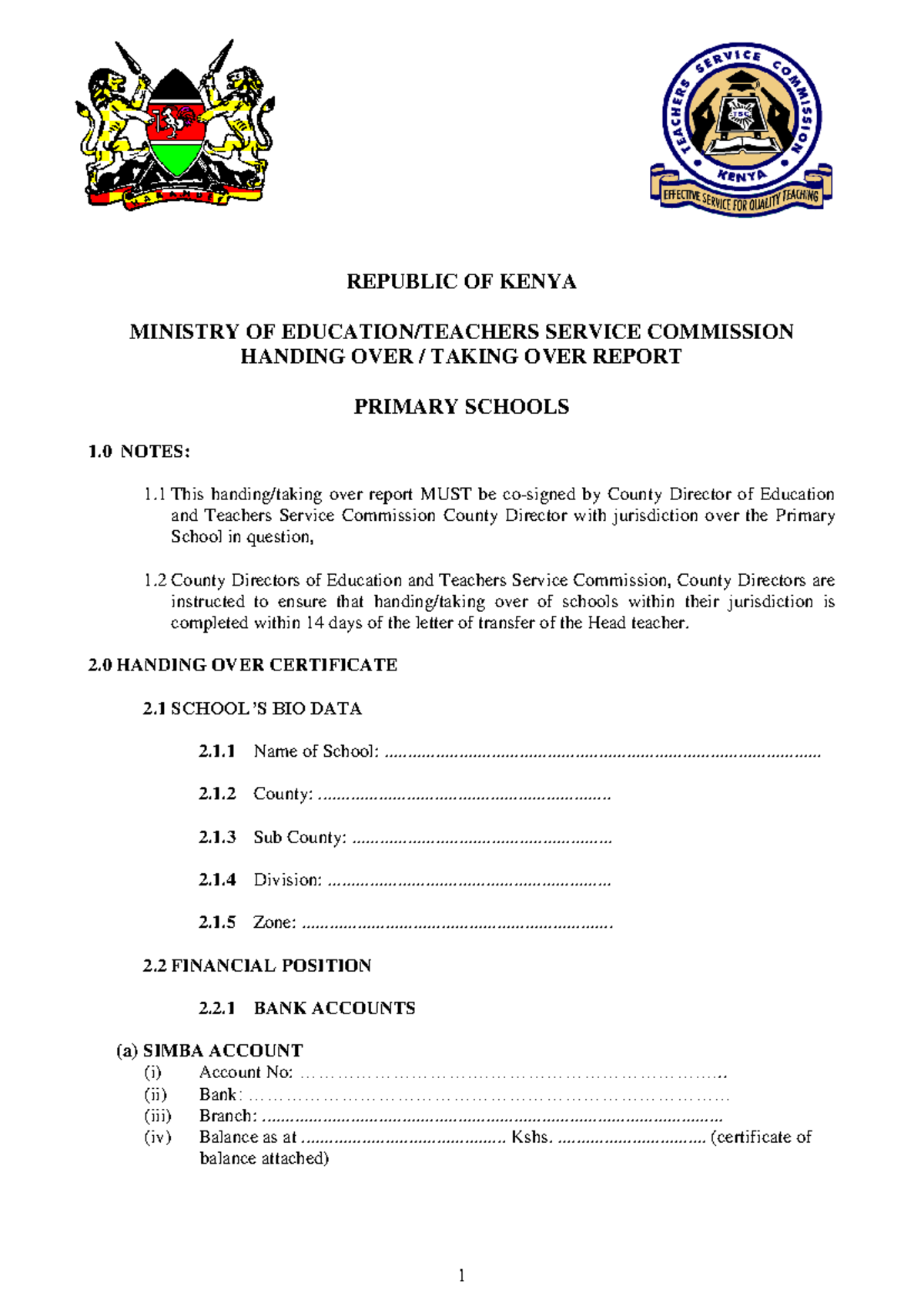 TSC Handing Over/Taking Over Form for Primary Schools Documentation ...