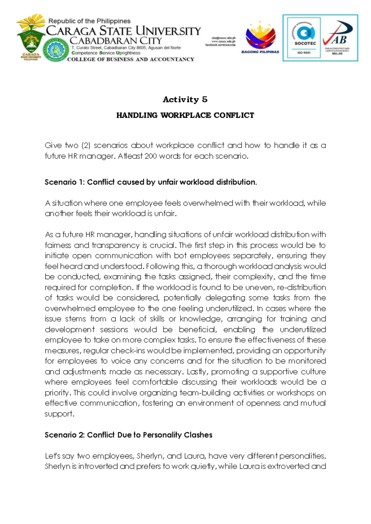 Handling Workplace Conflict - Activity 5 HANDLING WORKPLACE CONFLICT ...
