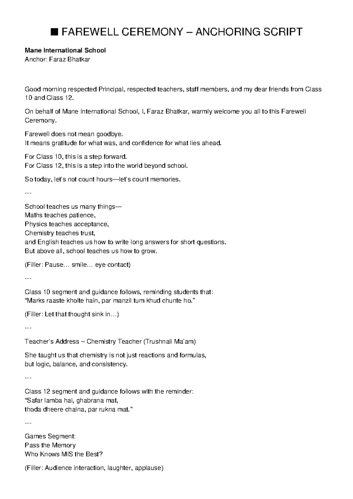 Farewell Ceremony Script for Class 10 & 12 - Mane Int. School - Studocu