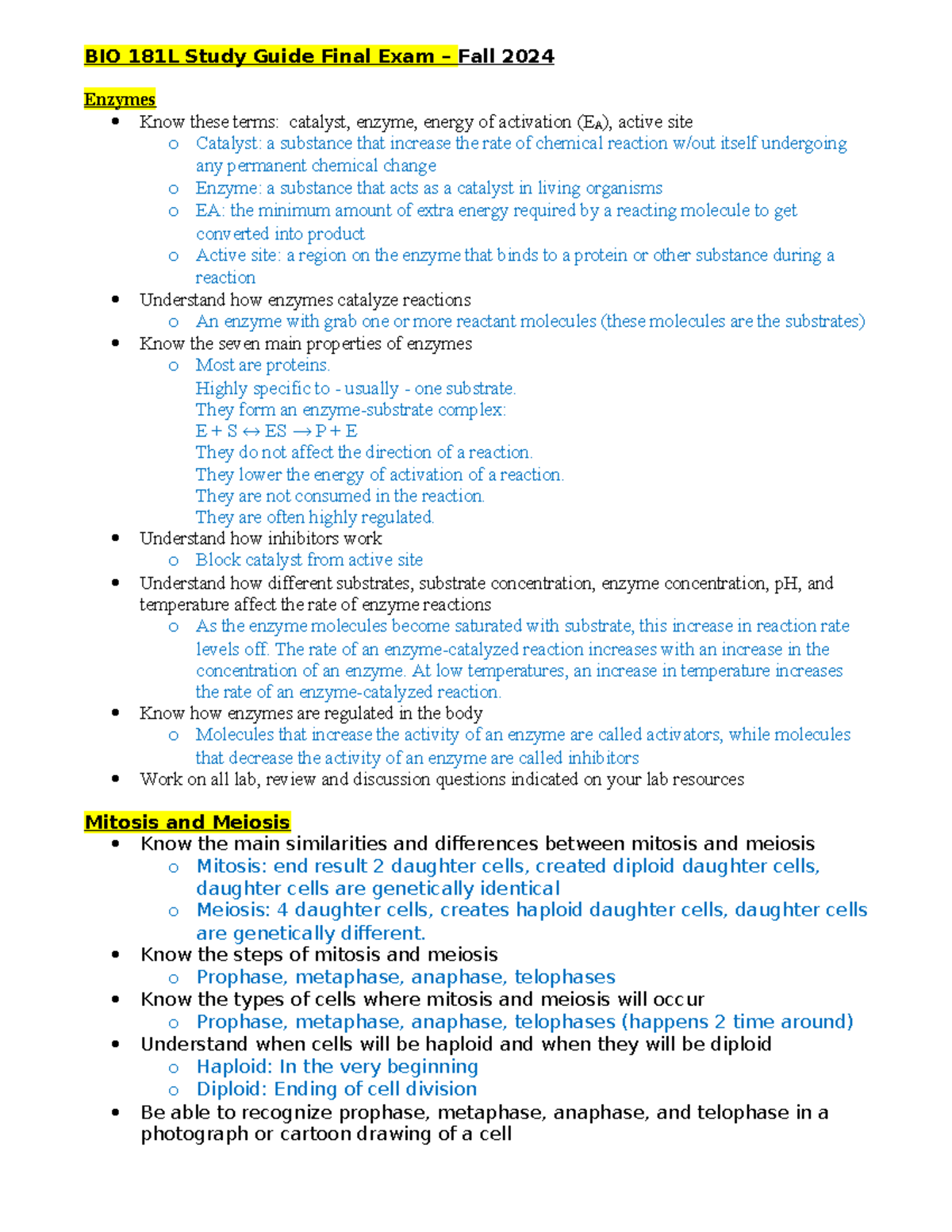 BIO 181L Final Exam Study Guide: Enzymes, Mitosis, and Genetics - Studocu