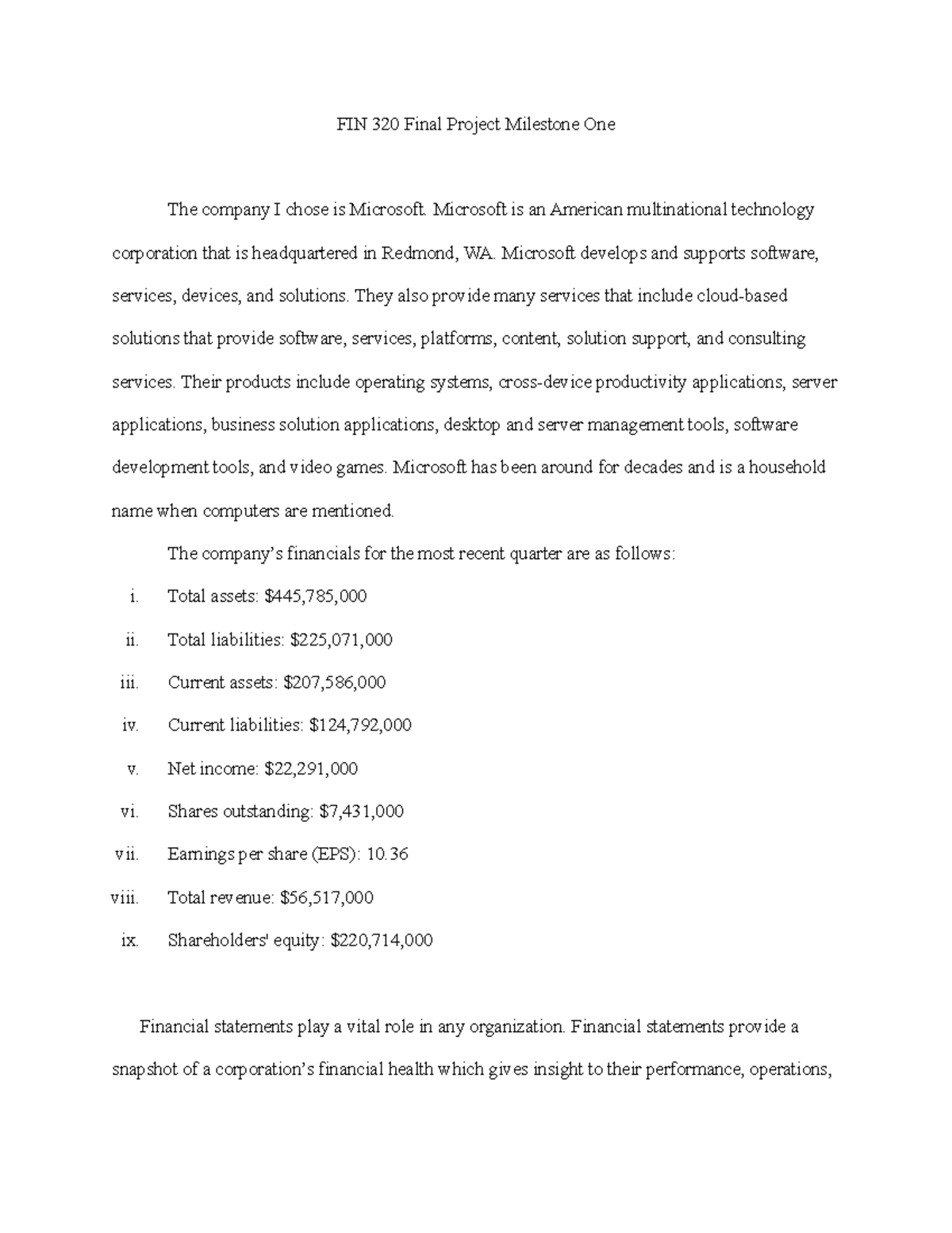 FIN 320 Final Project Milestone 1: Financial Analysis of Microsoft ...