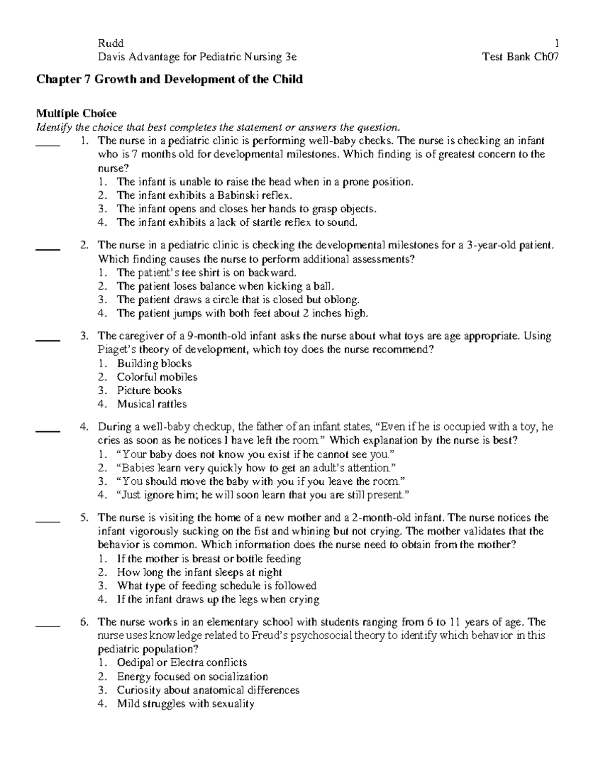Pediatric Nursing Test Bank: Chapter 7 Growth & Development of the ...