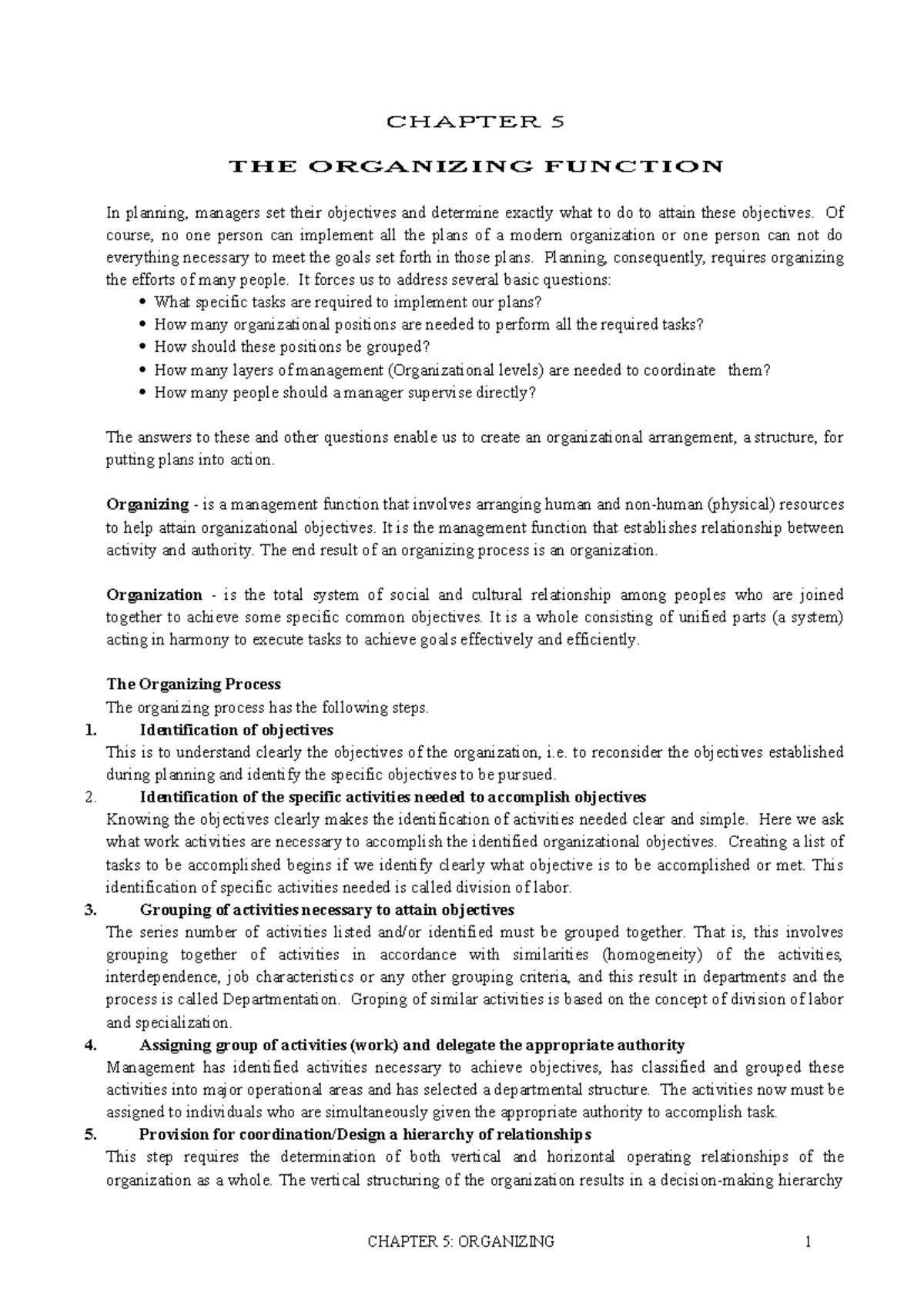 Introduction to Management: Chapter 5 - The Organizing Function - Studocu