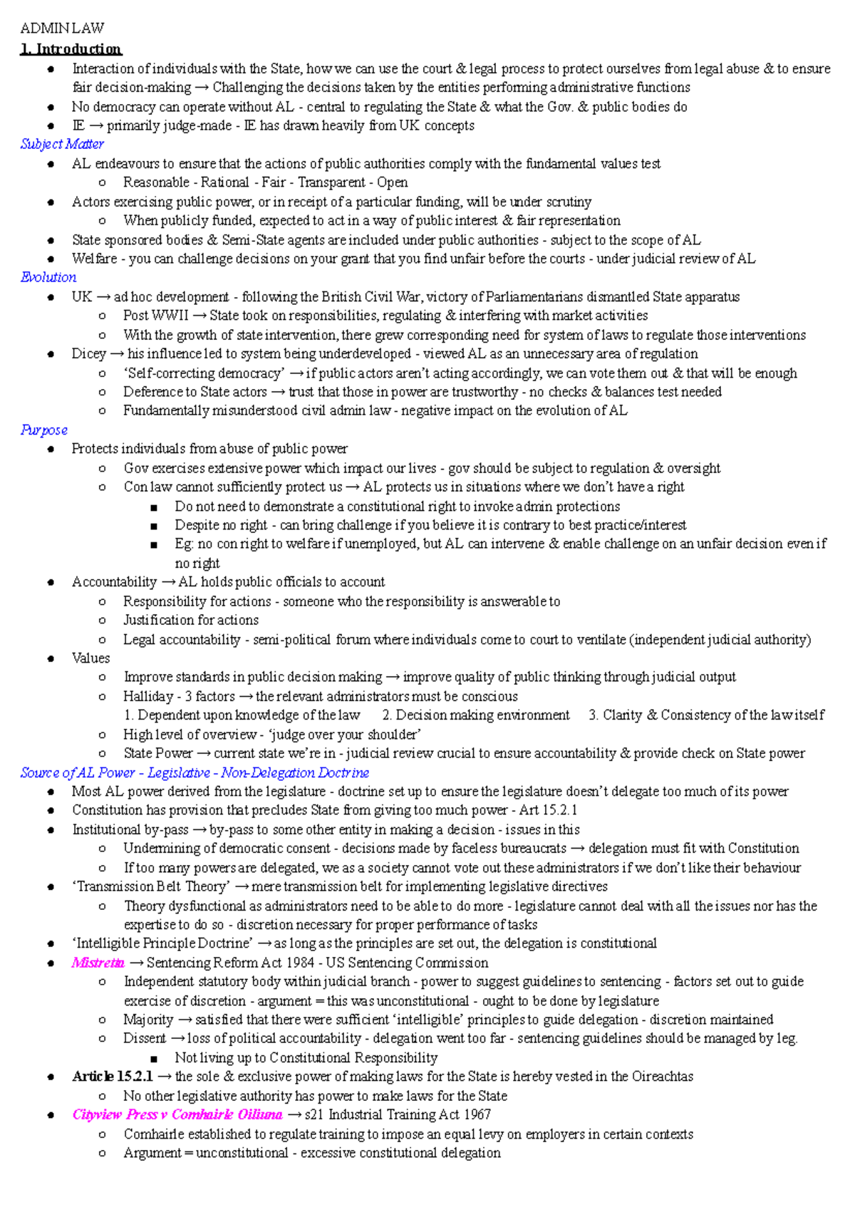 ADMIN LAW 1: Comprehensive Outline of Key Topics and Principles - Studocu