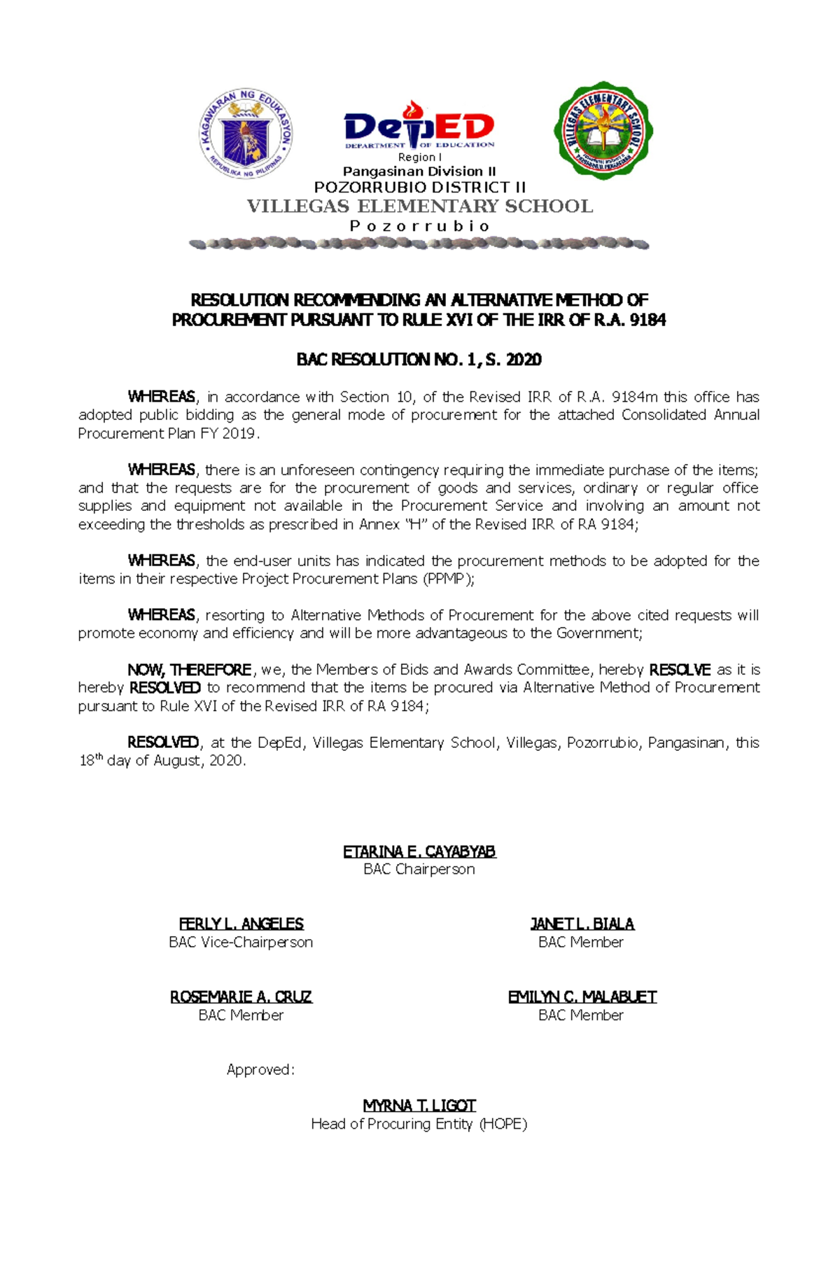 BAC Resolution No. 1 S. 2020 - Procurement Method Recommendation - Studocu