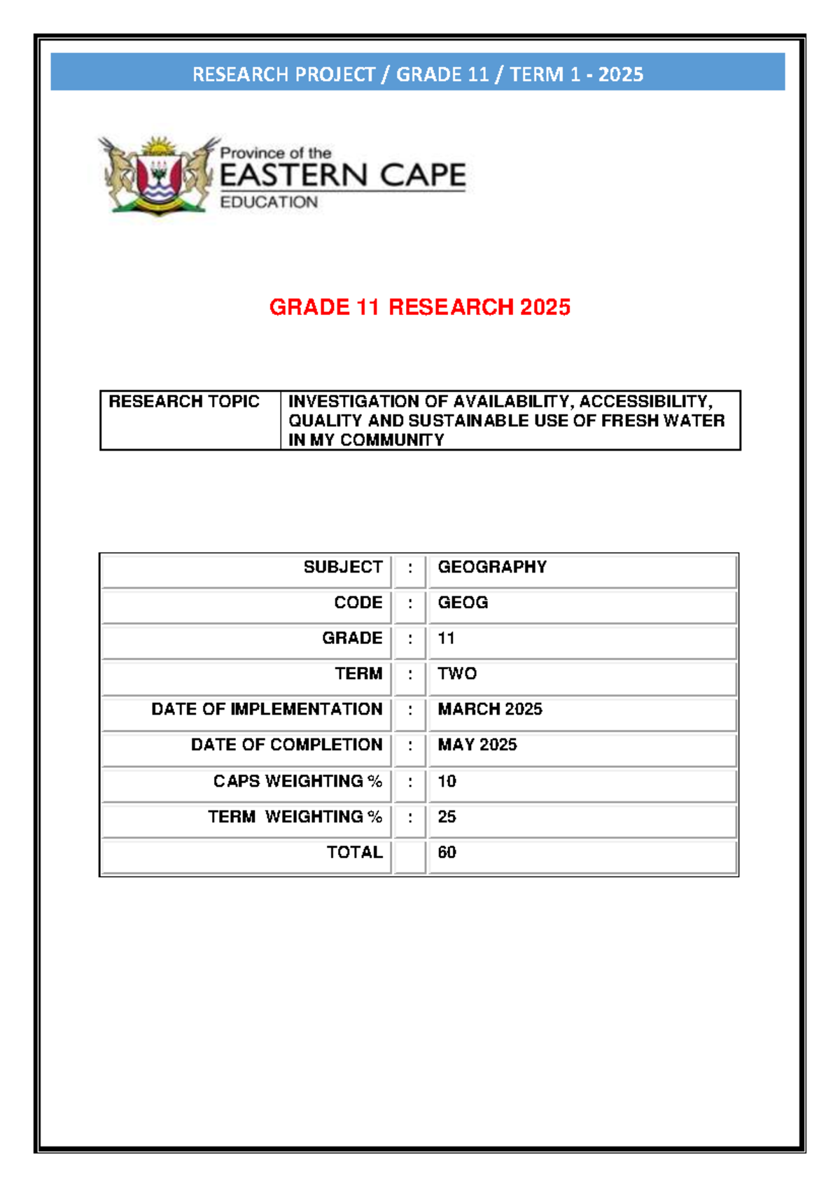 Research Project GEOG Gr11 Term 2 2025: Freshwater Availability ...