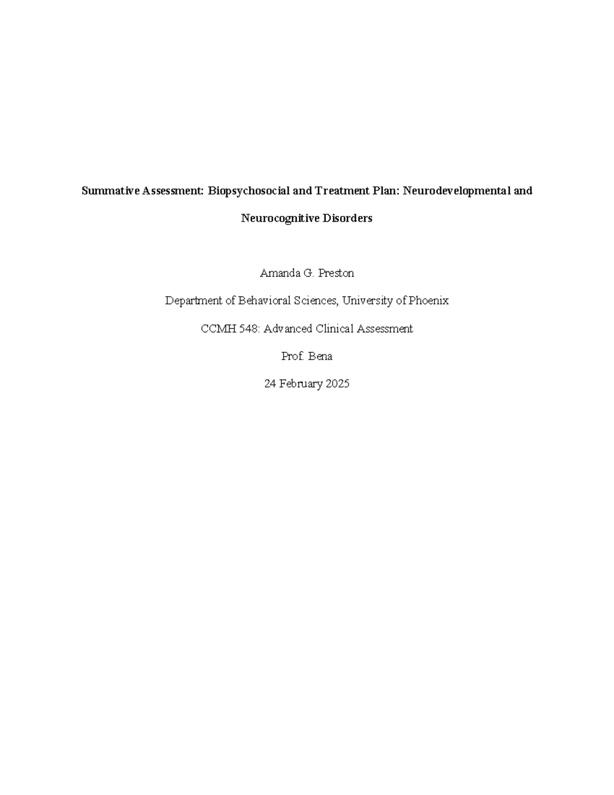 CCMH 548: Summative Assessment on Biopsychosocial Treatment Plan for ...