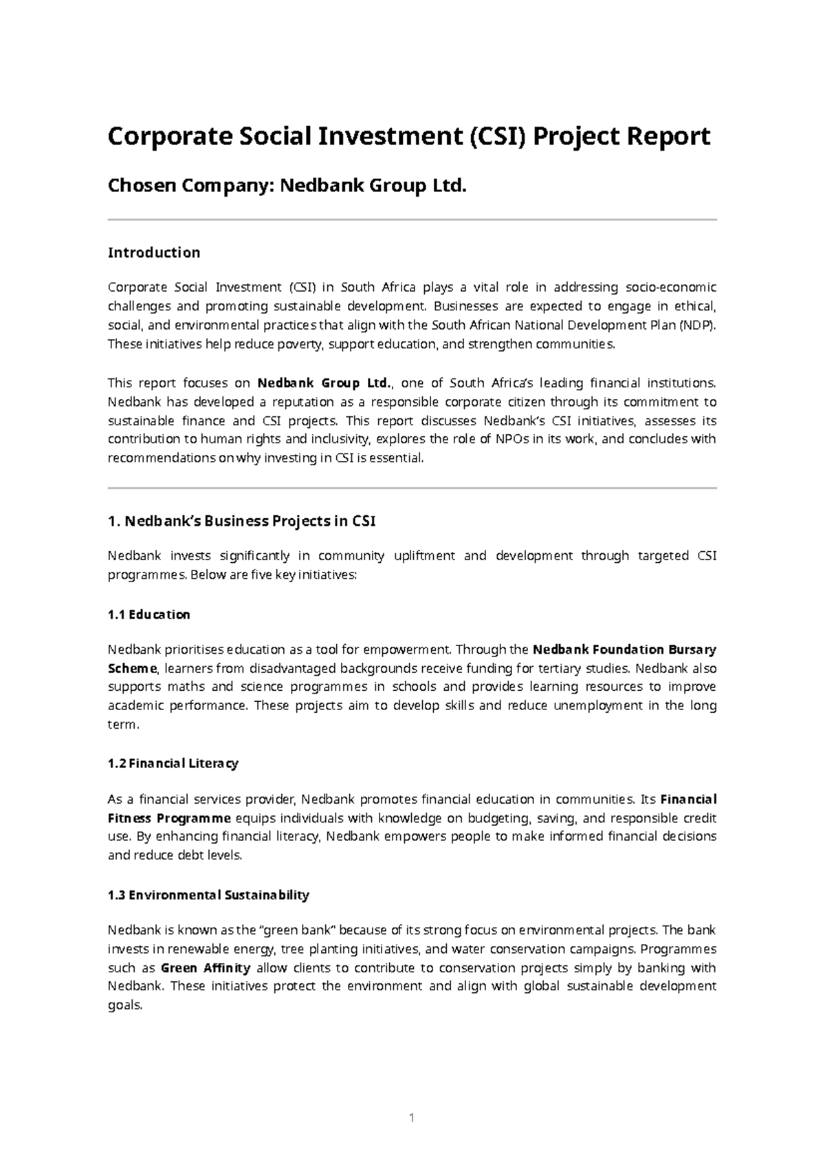 Nedbank Group Ltd. CSI Project Report: Community Impact & Initiatives ...