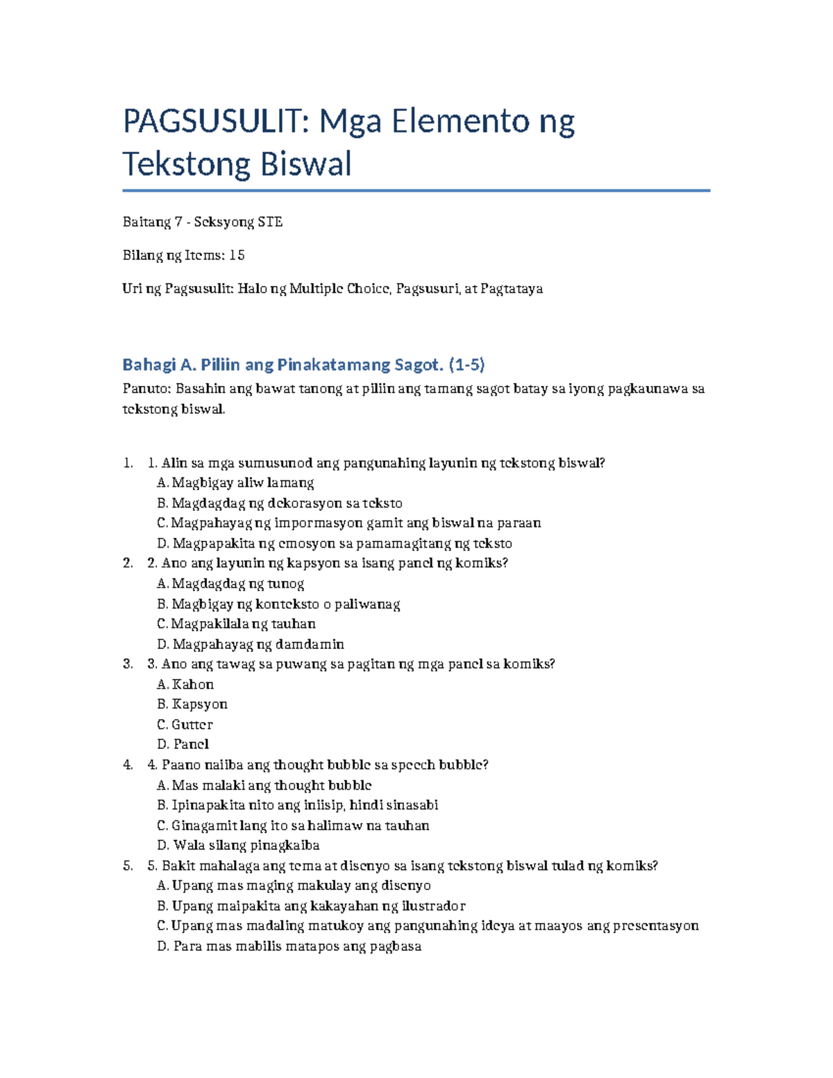 PAGSUSULIT: Mga Elemento ng Tekstong Biswal Baitang 7 STE - Studocu