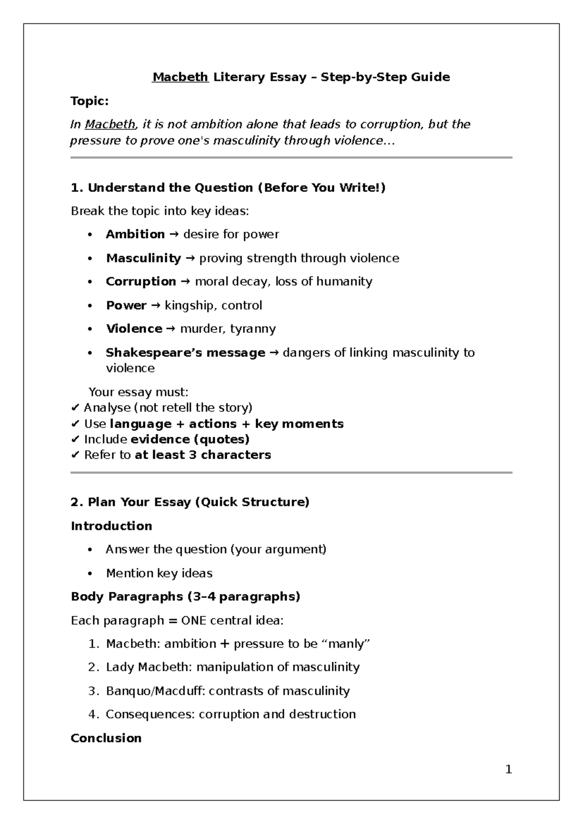 Macbeth (ENG 101) Literary Essay Writing Guide: Masculinity ...