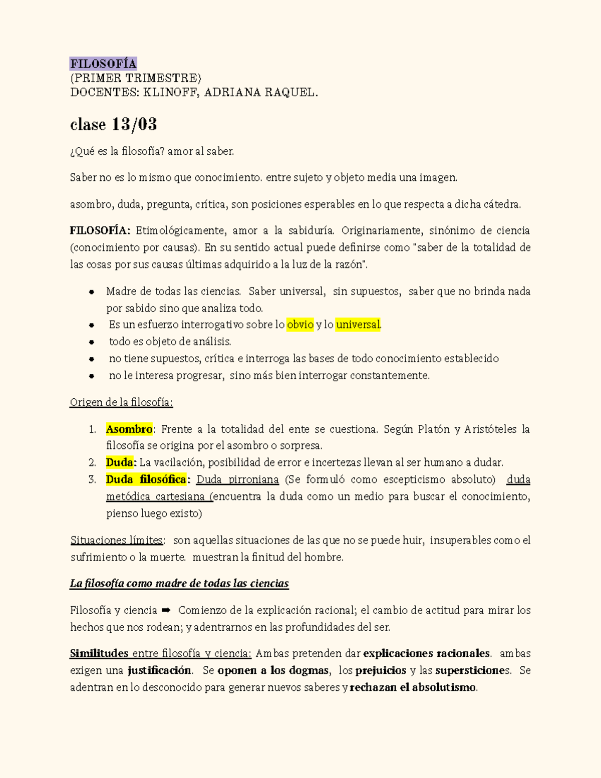 Filo sofía - Resumen completo filosofia KLINOFF - FILOSOFÍA (PRIMER ...