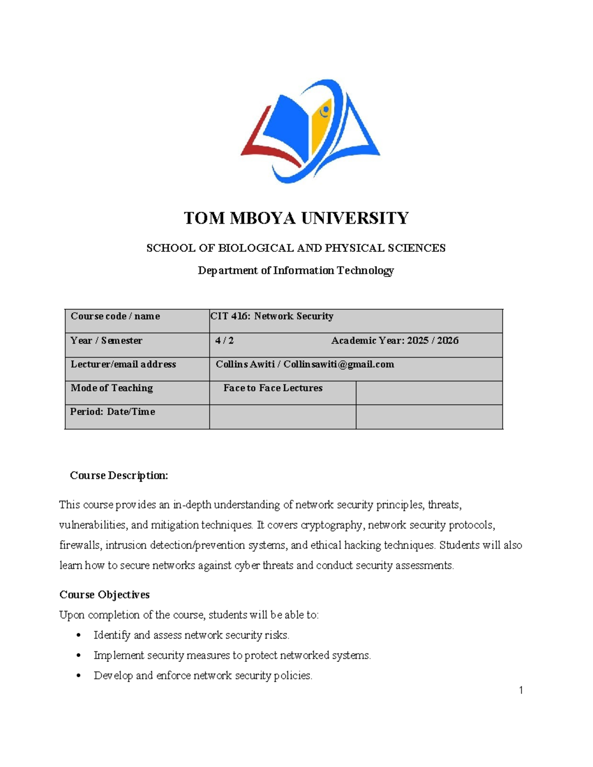 CIT 416: Network Security Course Outline and Objectives - Studocu