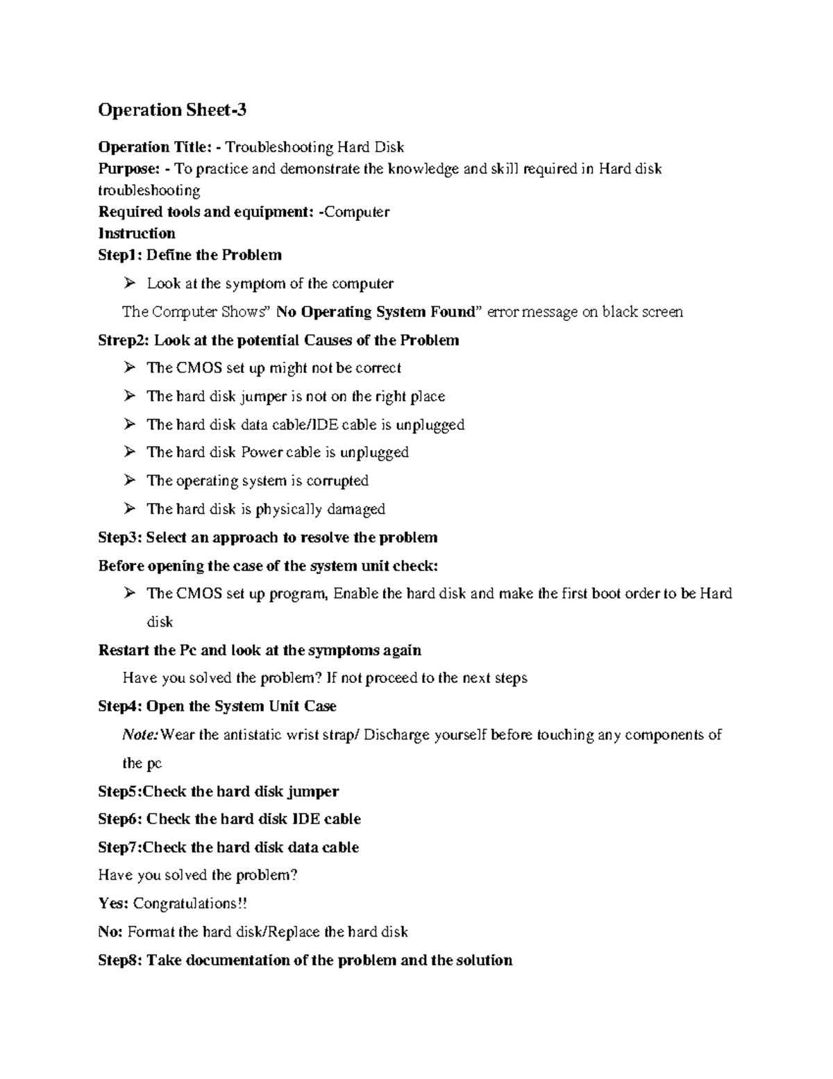 Operation Sheet 3: Hard Disk Troubleshooting Guide - Studocu