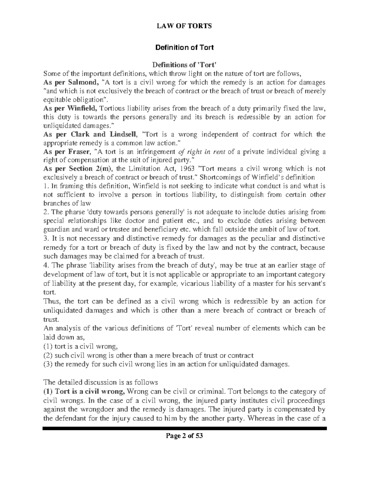 Law-of-Torts handwritten notes for law - LAW OF TORTS INCLUDING MOTOR ...