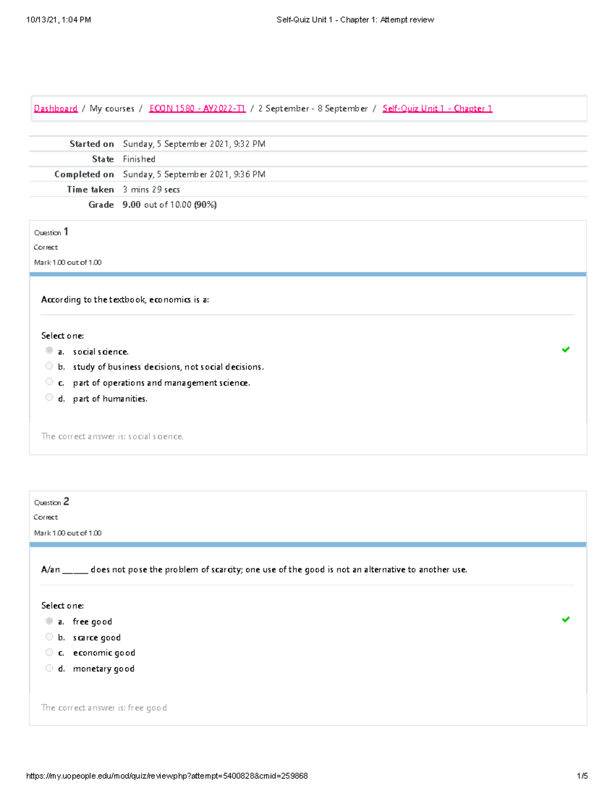 Self-Quiz Review for ECON 1580 - Unit 1 Chapter 1 - Studocu