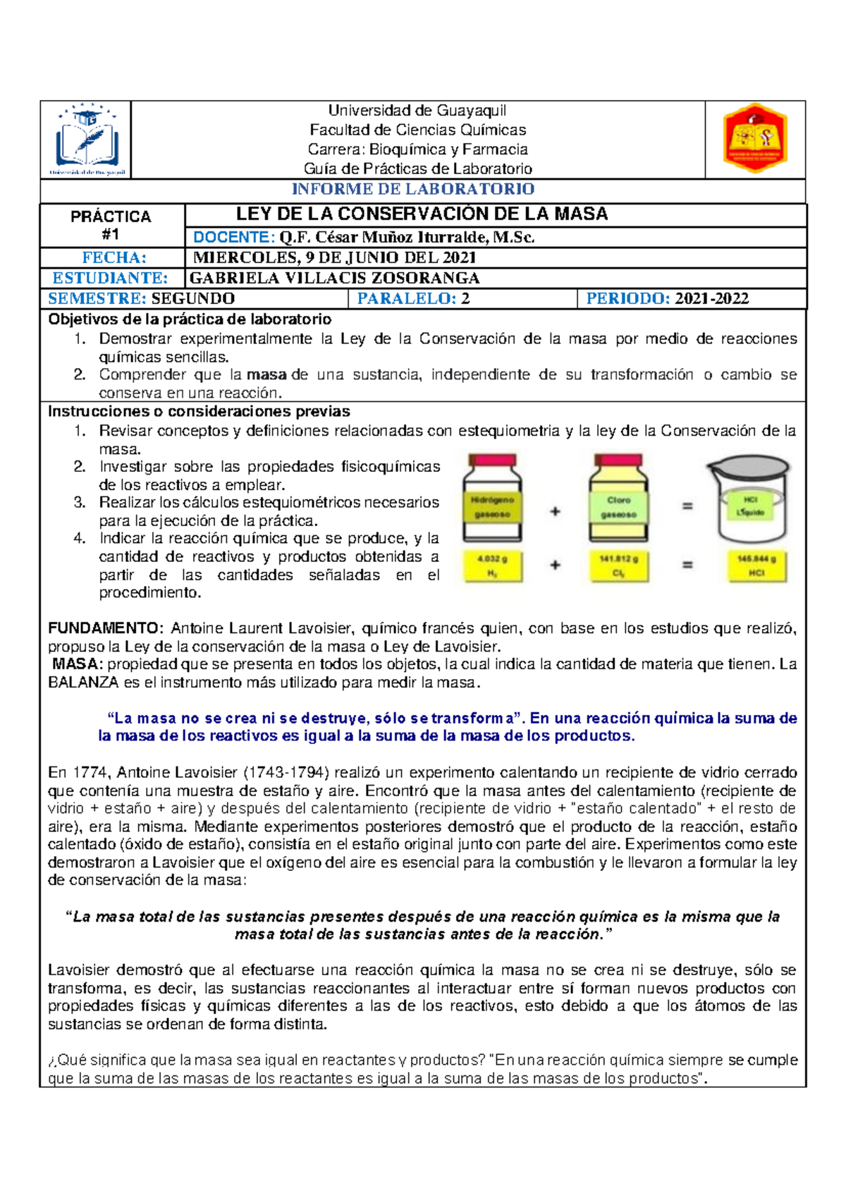 Práctica 1: Ley de la Conservación de la Masa en Química - Studocu