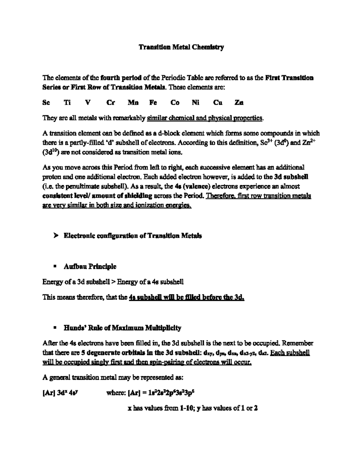 Transition Metal Chemistry: Understanding the First Transition Series ...