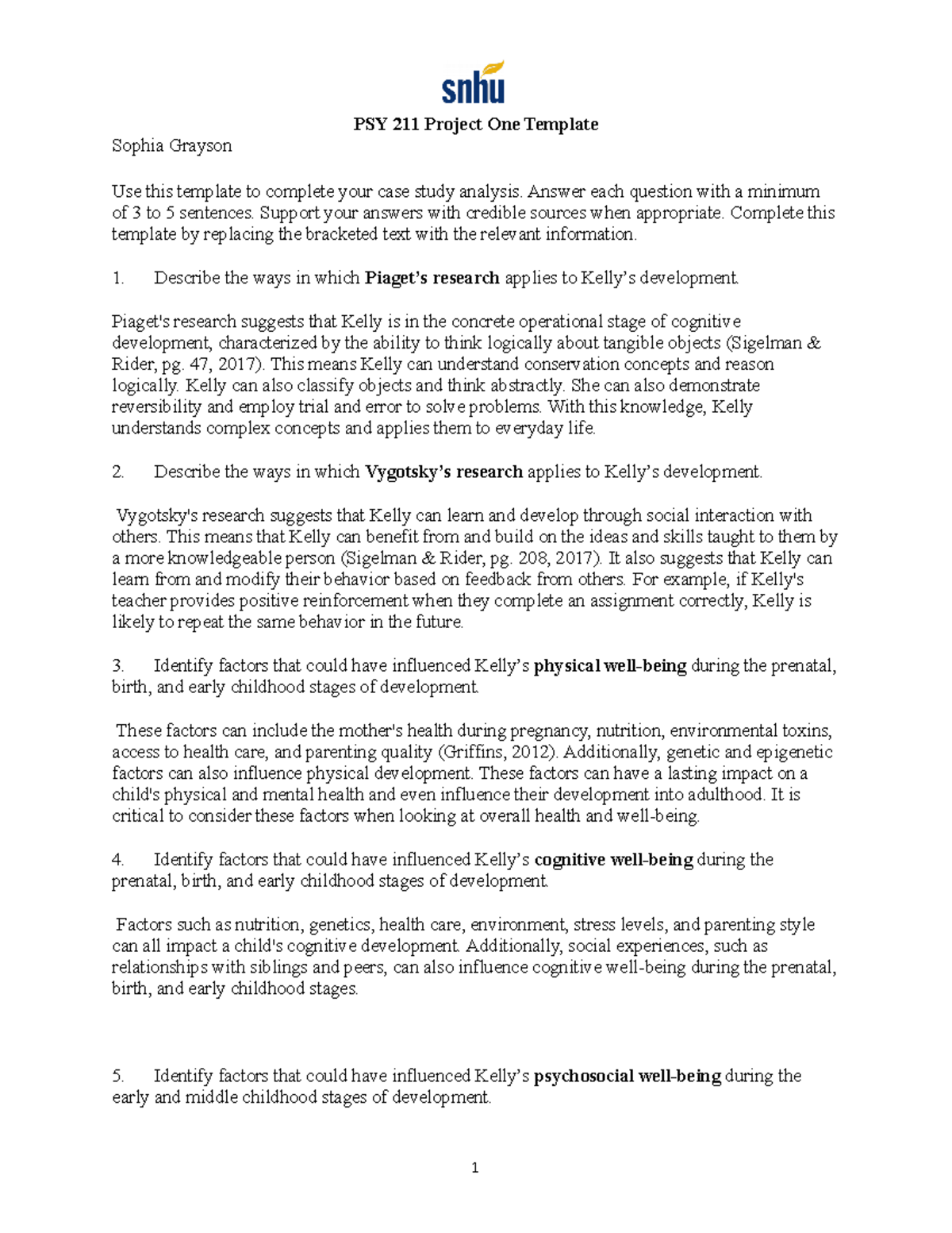 PSY 211 Project One: Case Study Analysis of Kelly's Development - Studocu