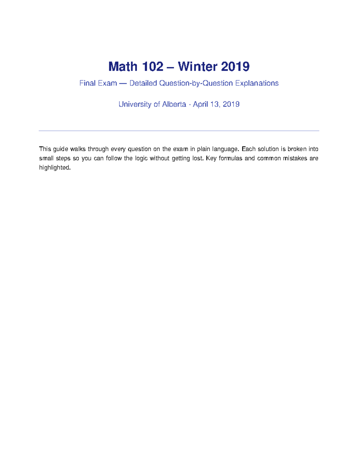 Math 102 Winter 2019 Final Exam Detailed Solutions Guide - Studocu