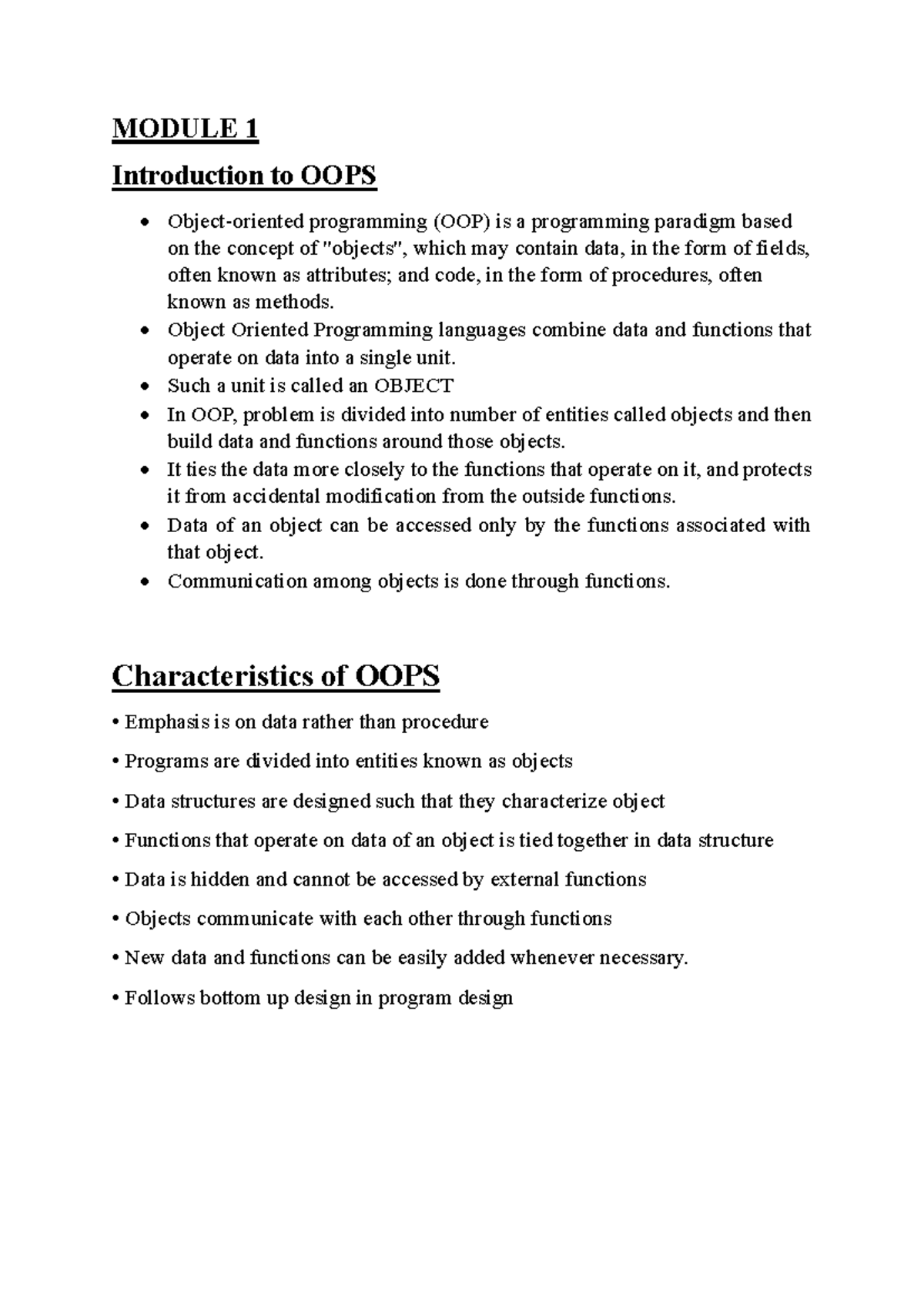Module 1: Introduction to OOP Concepts in JAVA (5th Sem) - Studocu