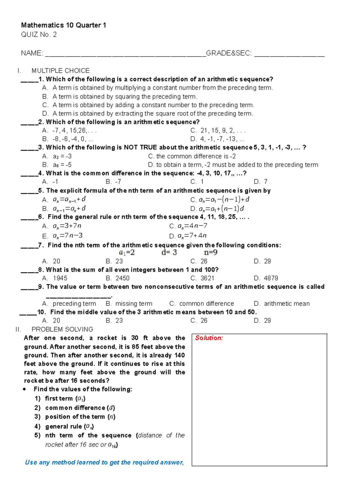 MATH10 Q1 - Quiz 2: Understanding Arithmetic Sequences - Studocu