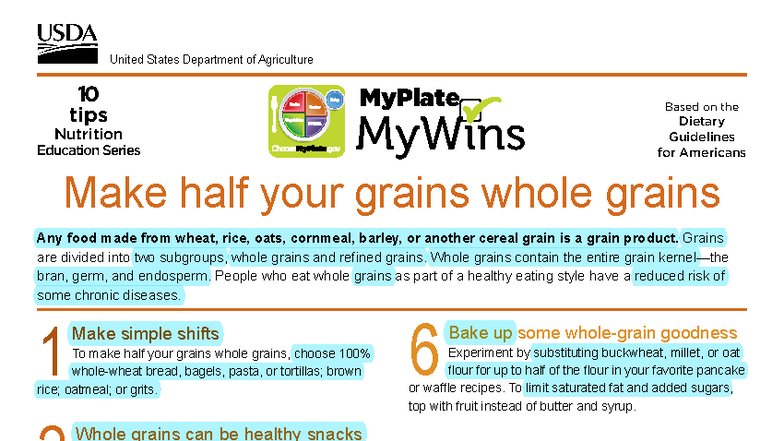 USDA MyPlate Tips: Whole Grains & Nutrition Education (DG TipSheet No ...