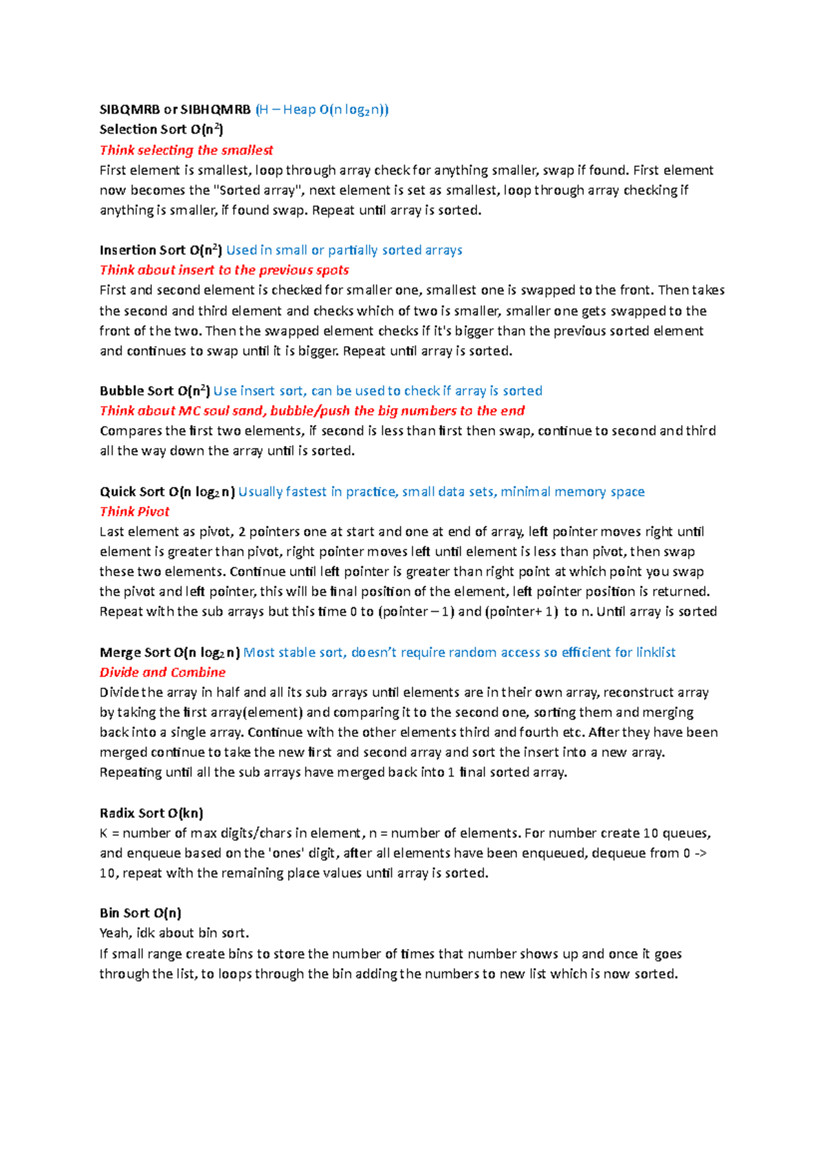 610 Final Exam Notes: Sorting Algorithms and Data Structures - Studocu