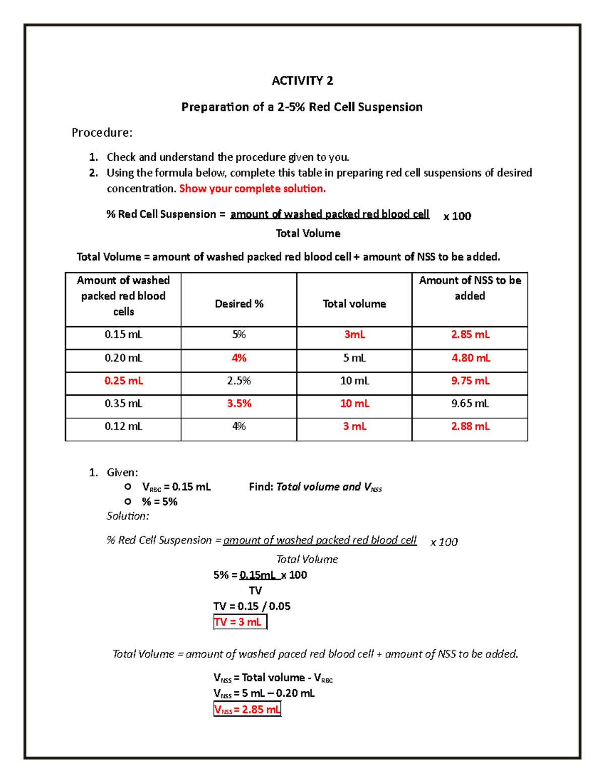 Preparation of RBC Suspension IH - ACTIVITY 2 Preparation of a 2-5% Red ...