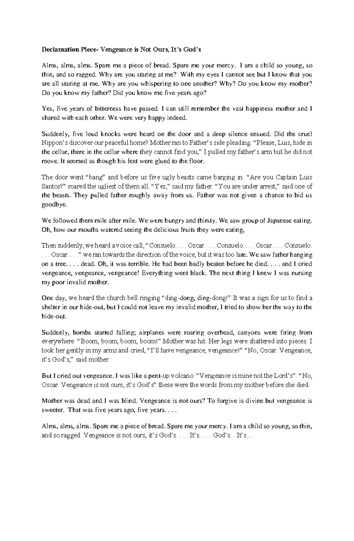 Declamation Piece - Vengeance is Not Ours, It's God's (EEEF-EFE) - Studocu