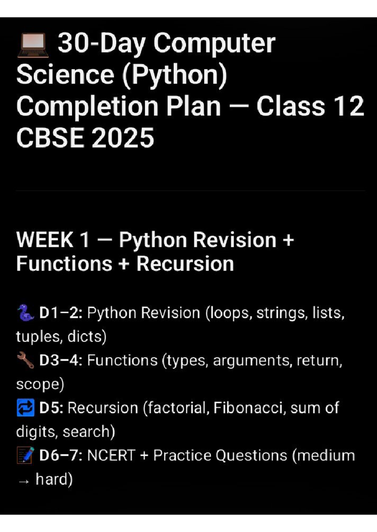 Computer Science (Python) 30-Day Completion Plan for Class 12 CBSE ...