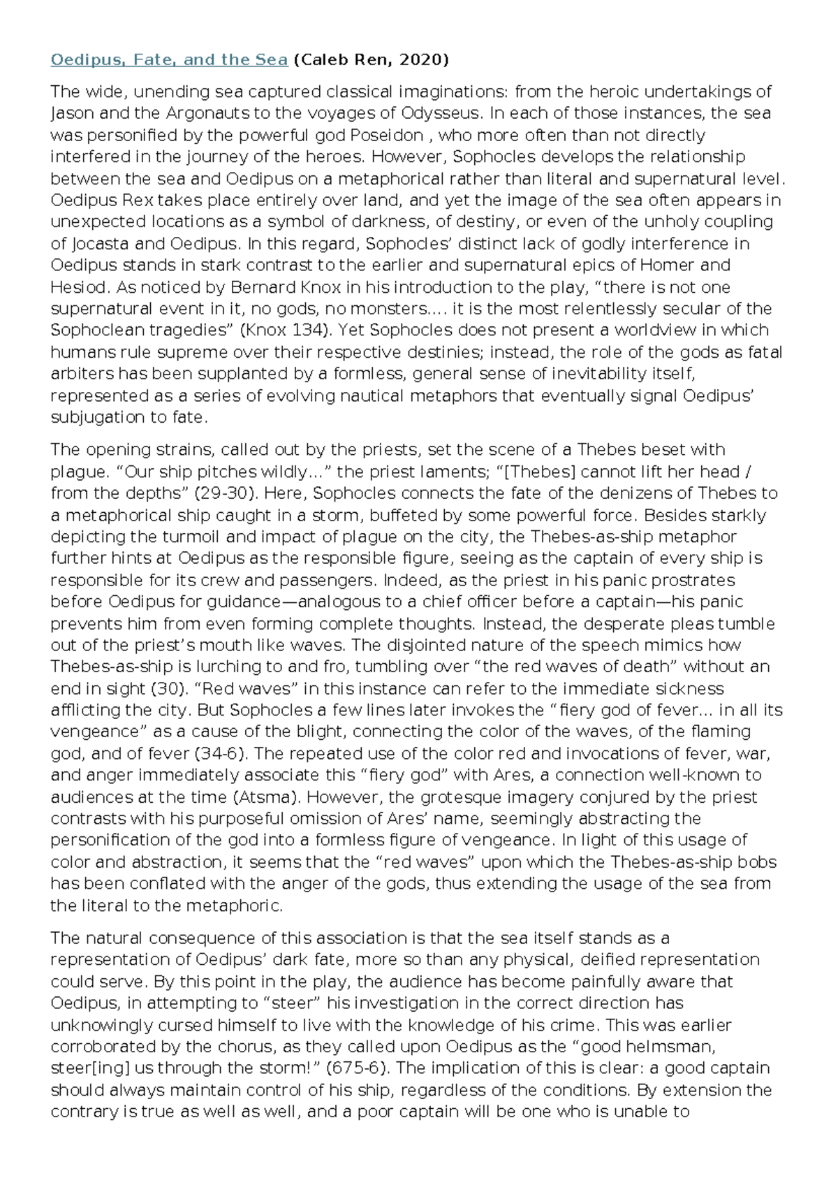 Oedipus Rex: Navigating Fate and the Sea's Metaphors (ENG 202) - Studocu