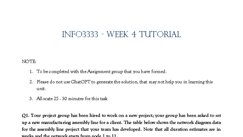 INFO3333 WEEK 4 Tutorial: Assembly Line Project Analysis - Studocu