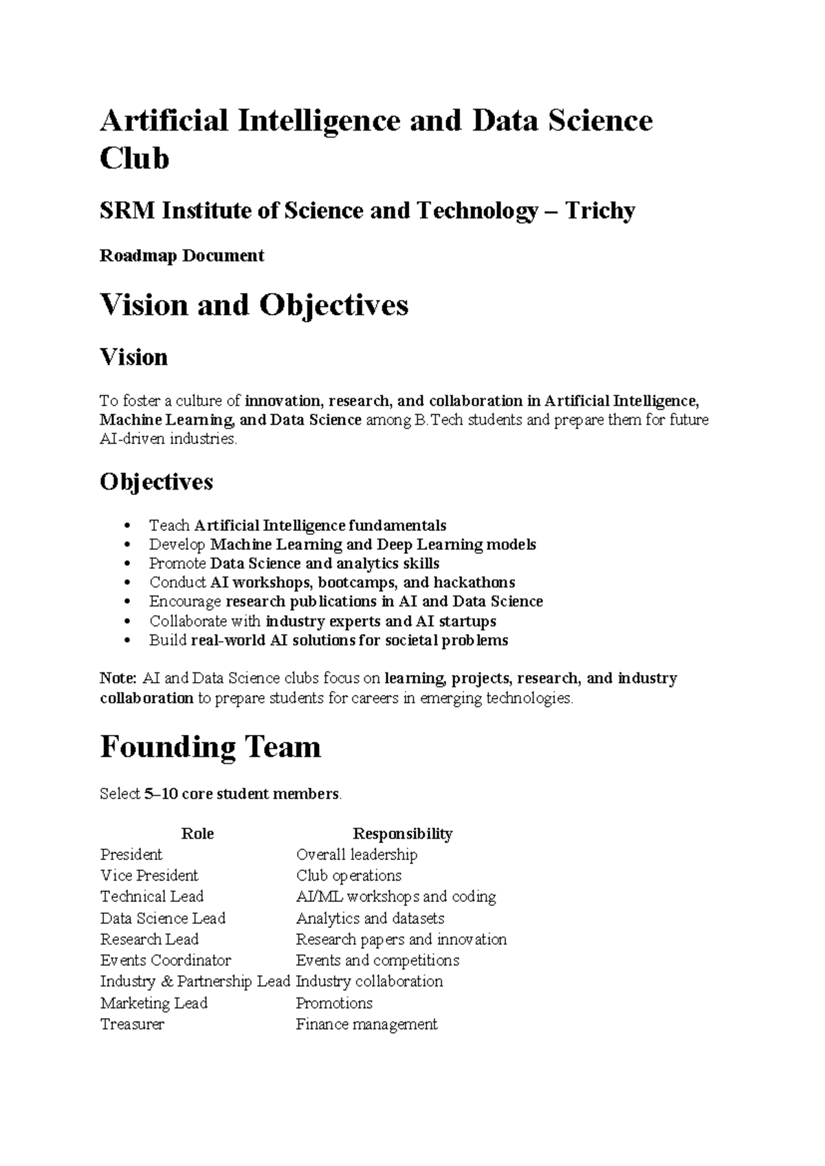 AI & Data Science Club Roadmap: Vision & Objectives at SRM Institute ...