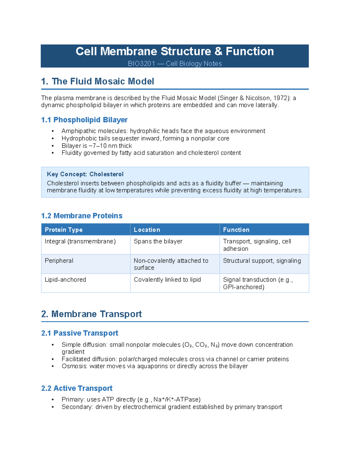 BIO3201 Cell Membrane Structure & Function Notes - Studocu